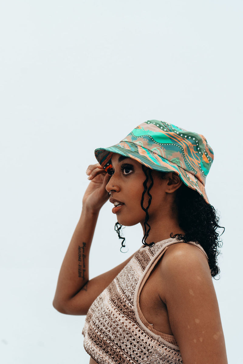 Bunabiri Aboriginal Art Cotton Bucket Hat - Wamin in the Wet (My Count ...